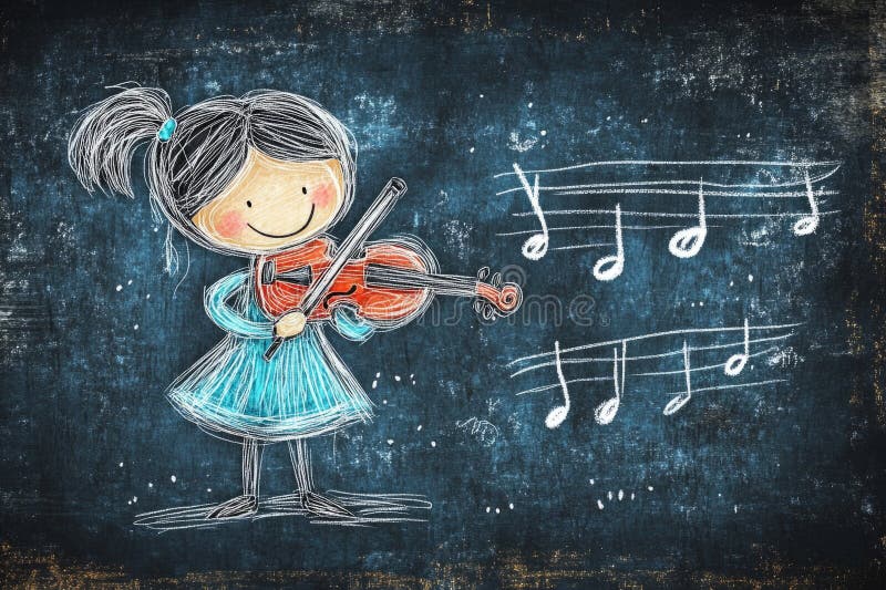 Drawing of a Smiling Child Playing the Violin, with Musical Notes Drawn ...