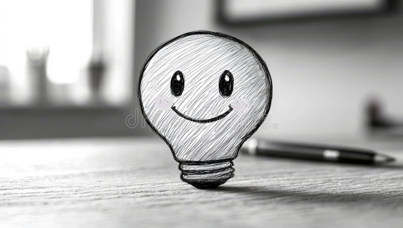 A Drawing of a Smiling Light Bulb on a Table Stock Image - Image of ...