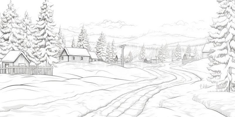 A Drawing of a Snowy Landscape with a House and Trees. Suitable for ...