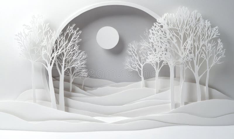 Blue White Drawing Snowy Landscape Trees Moon Stock Photos - Free ...