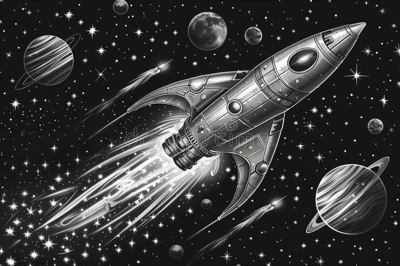 A Drawing of a Spaceship Soaring through the Vastness of Space Stock ...