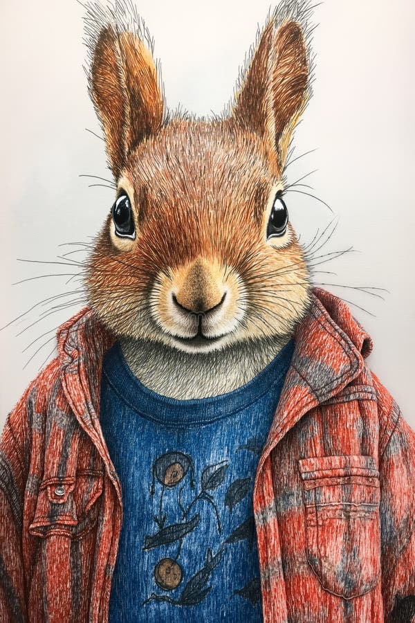 A Drawing of a Squirrel Wearing a Red Jacket Stock Image - Image of ...