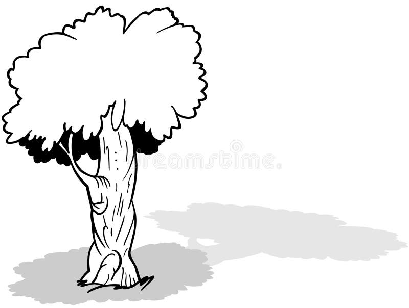 Drawing of a Deciduous Tree with Bushes and a Stone with Grass Stock ...