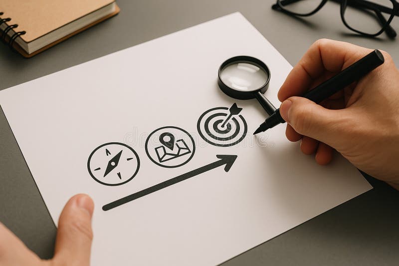 Drawing a Strategic Route with Compass, Map and Goal Icons on Paper ...