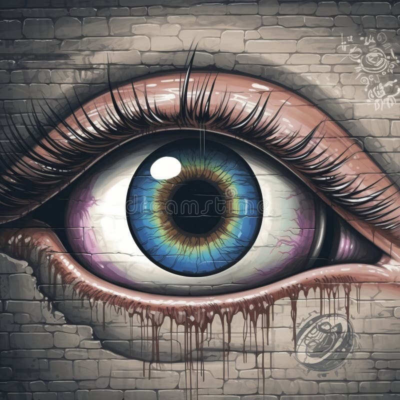 Surrealist Graffiti Eye Digital Painting on Brick Wall Stock ...