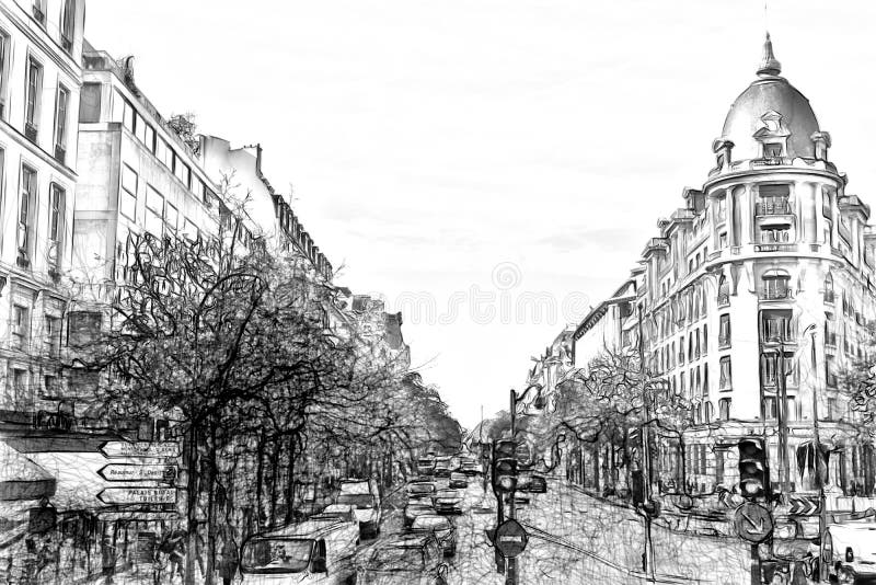 Drawing Style that Represents a Glimpse of a Street in the Center of ...
