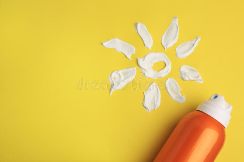 Drawing of Sun and Bottle with Sunscreen on Yellow Background, Top View ...