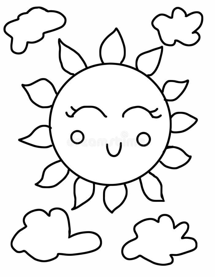 A Drawing of a Sun with Clouds Printable Colouring Page Stock Vector ...