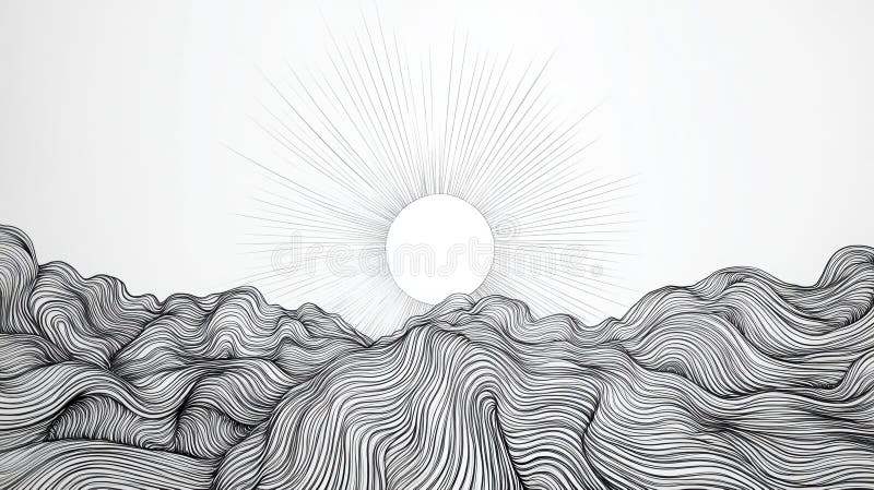 A Drawing of a Sun Over a Mountain Stock Illustration - Illustration of ...