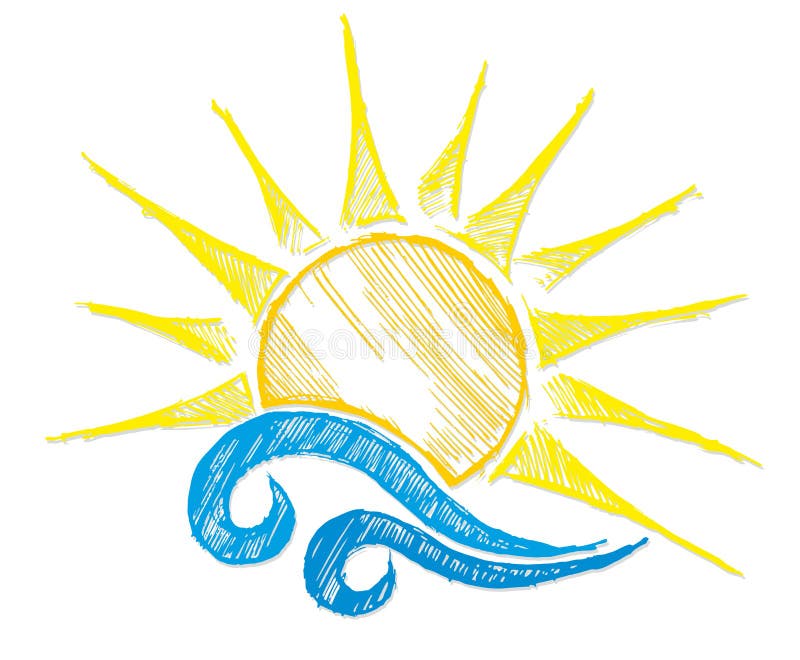 Drawing of sun and sea. stock vector. Illustration of sketch - 75408380
