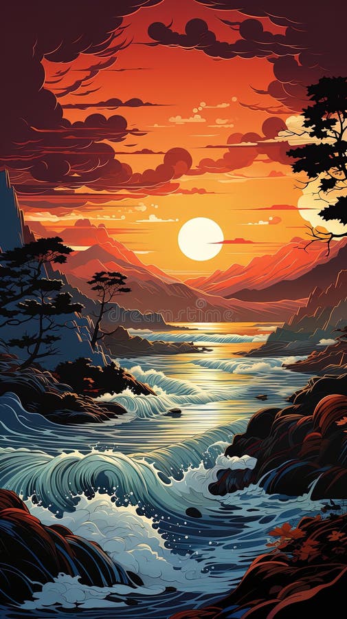Drawing of a Sunset in a Mountainous Valley with a Mighty River Stock Illustration ...