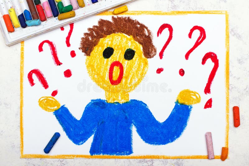 Drawing: Surprised Young Boy and Question Marks Around Him. Problem and ...