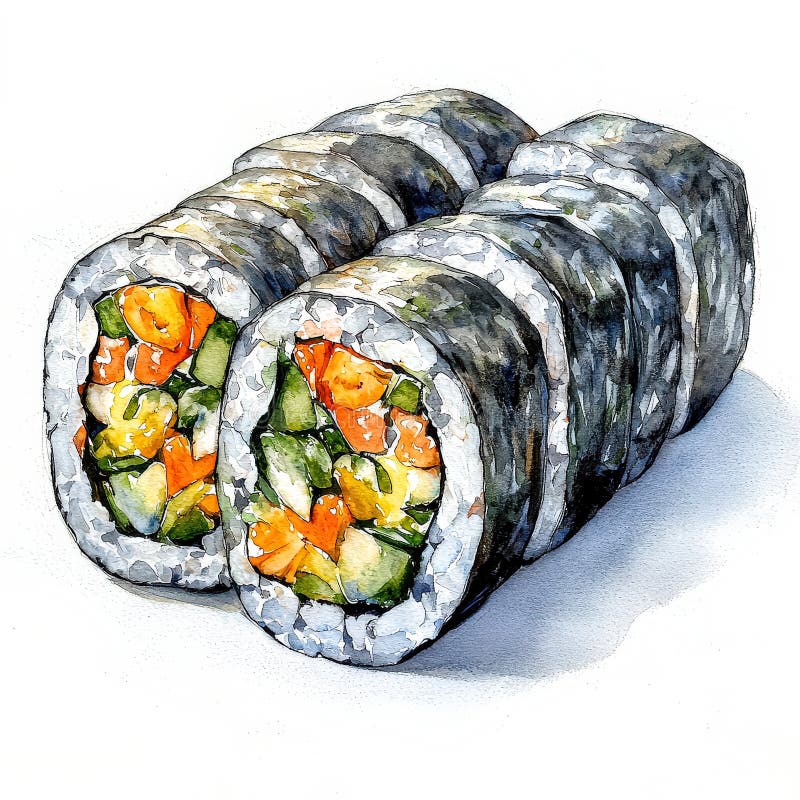 Drawing of a Sushi Roll with Vegetables and Meat Stock Photo - Image of ...