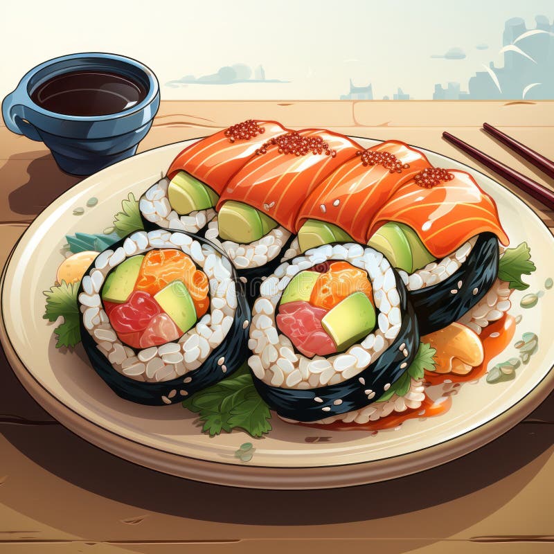 Drawing Sushi Set with Different Types of Rolls Stock Photo - Image of ...