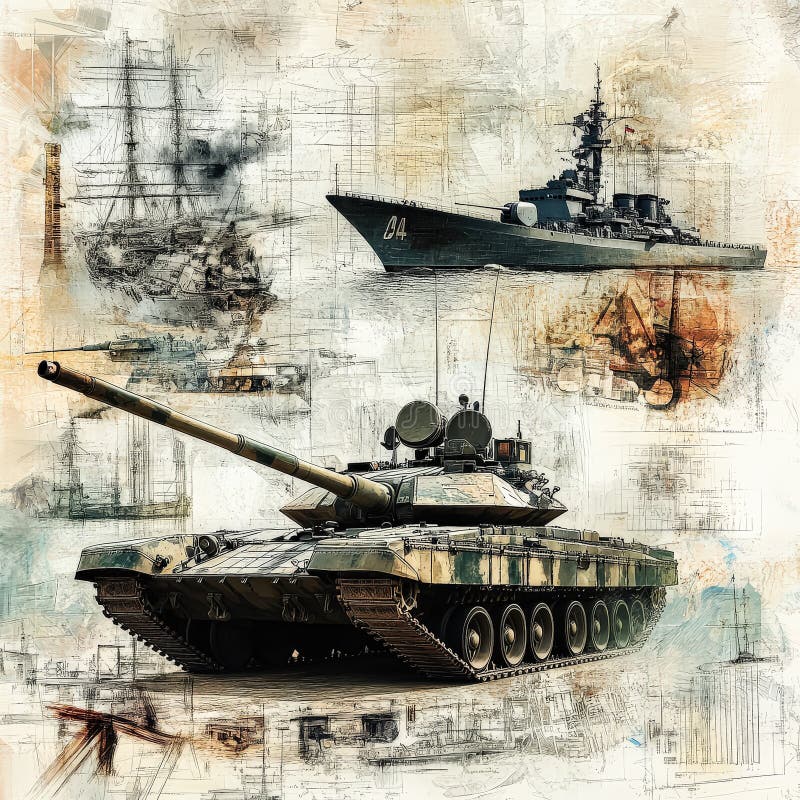 Drawing of a Tank and a Ship Stock Photo - Image of military, cannon ...