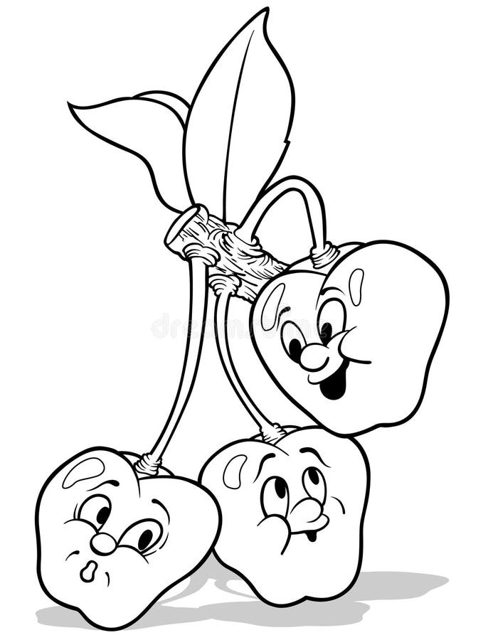 Drawing of Three Cherries with Faces on a Twig Stock Vector ...