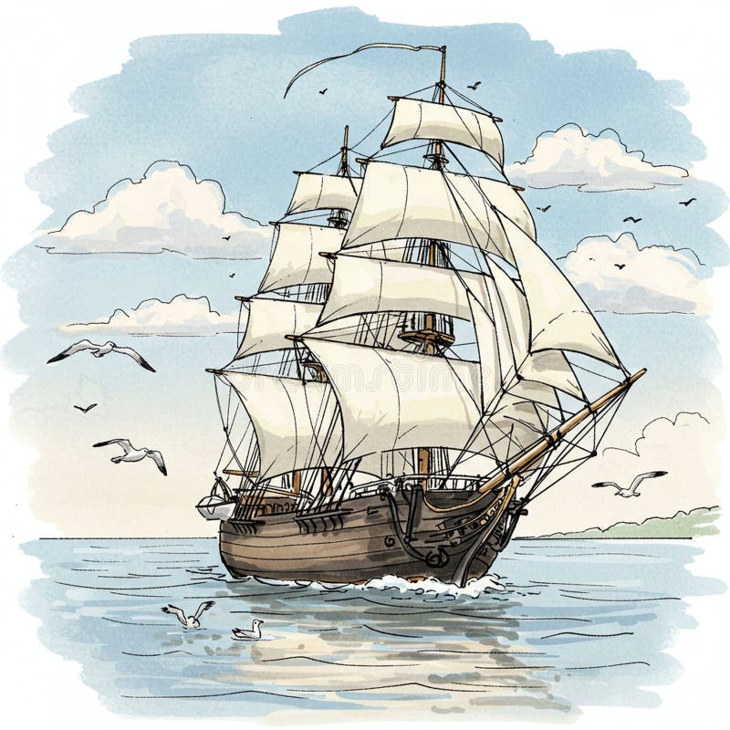 Drawing of a Three-masted Sailing Ship Navigating through Calm Waters ...