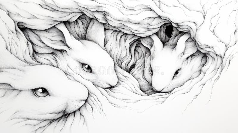 A Drawing of Three Rabbits in a Cave with One on Top, AI Stock Image ...