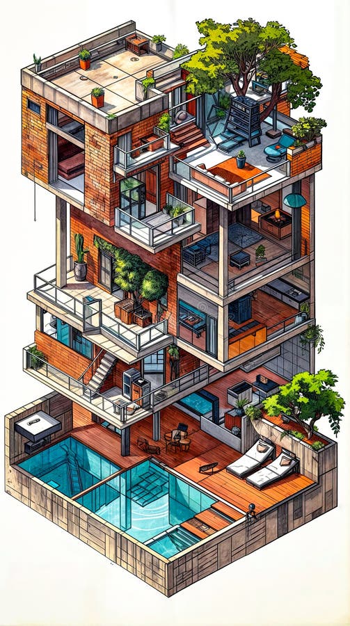 Drawing of Three Story House with Pool in the Middle of it. Generative ...