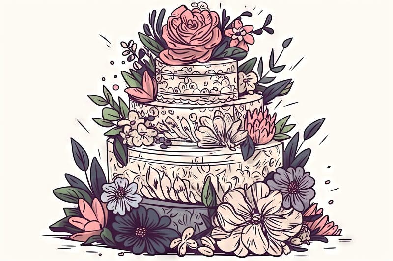 A Drawing of a Three Tiered Cake with Flowers on Top of it and Leaves ...