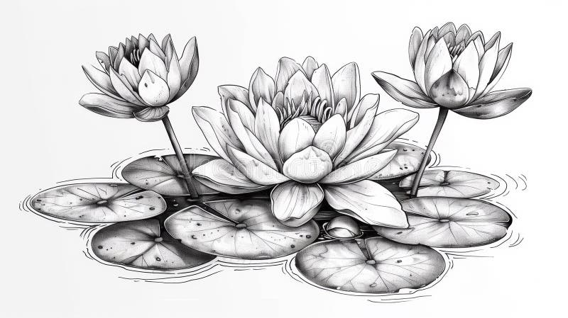 A Drawing of Three Water Lilies on a Pond, AI Stock Image - Image of ...
