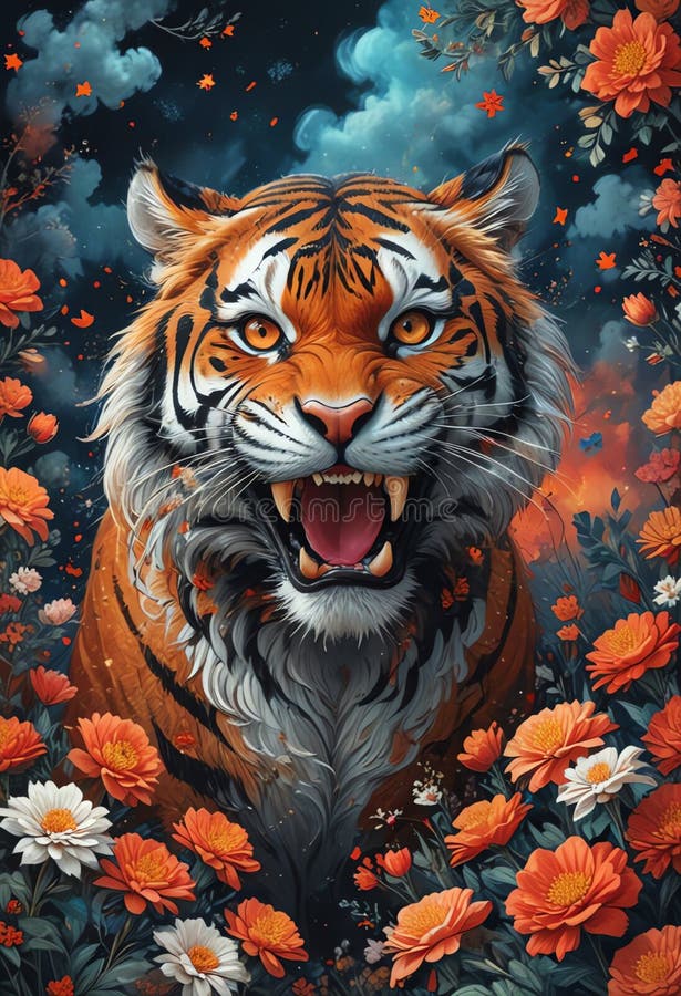 A Drawing of Tiger with Orange Flower Stock Illustration - Illustration ...