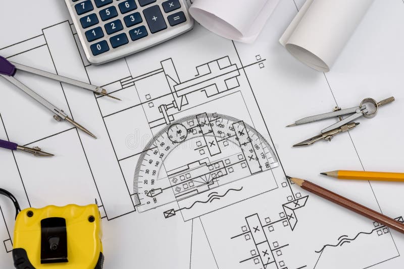 Drawing Tool Scale on Technical Sketch Close Up Stock Photo - Image of ...
