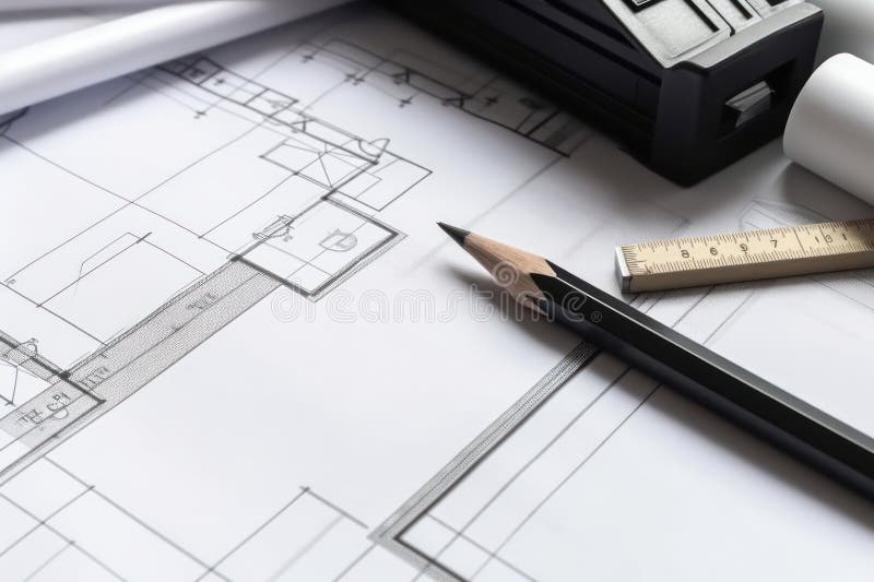 Drawing Tools on Blueprint Paper. Beautiful Illustration Picture Stock ...