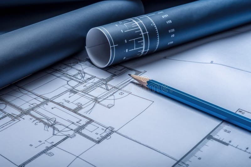 Drawing Tools on Blueprint Paper. Beautiful Illustration Picture Stock ...