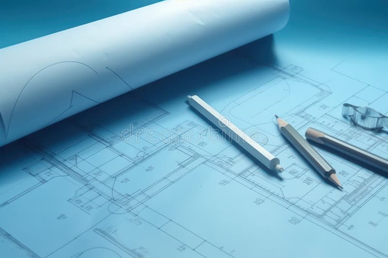 Drawing Tools on Blueprint Paper. Beautiful Illustration Picture Stock ...