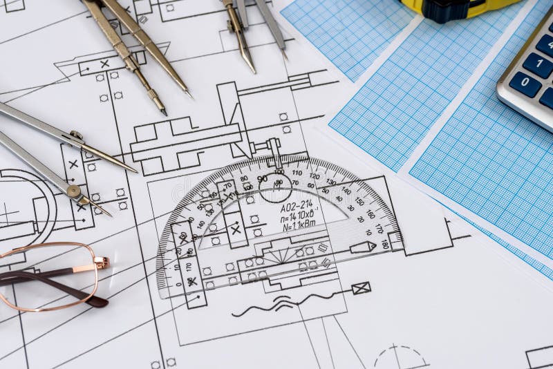 Drawing Tools with Blueprints in Roll on Scheme Stock Image - Image of ...