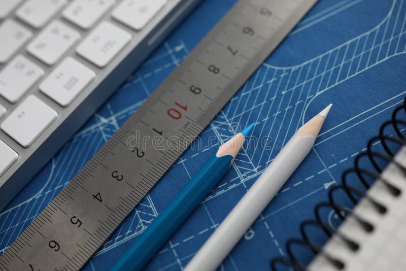 Drawing Tools and Computer Keyboard Lying Over Blueprint Paper Stock ...
