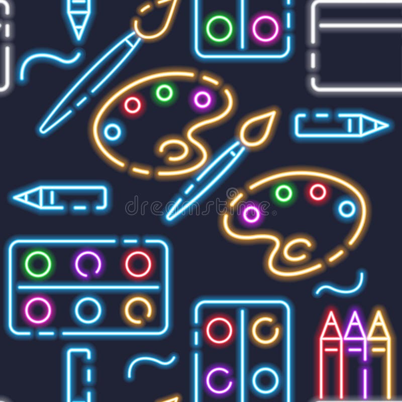 Drawing Tools Neon Seamless Pattern. Vector Background with School ...
