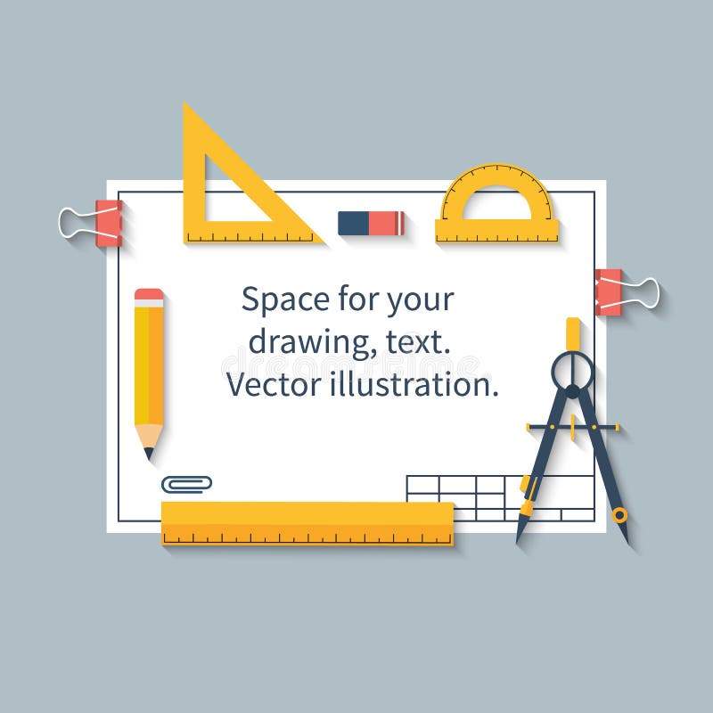 Drawing Tools on Paper with Space for Drawings and Text. Ruler, Stock ...