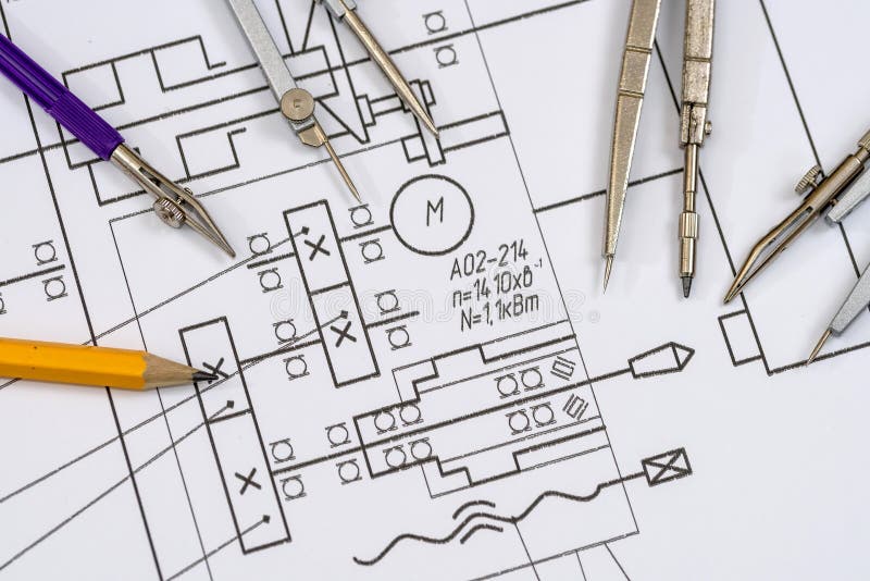 Drawing Tools at Technical Sketch on Table Close Up Stock Image - Image ...