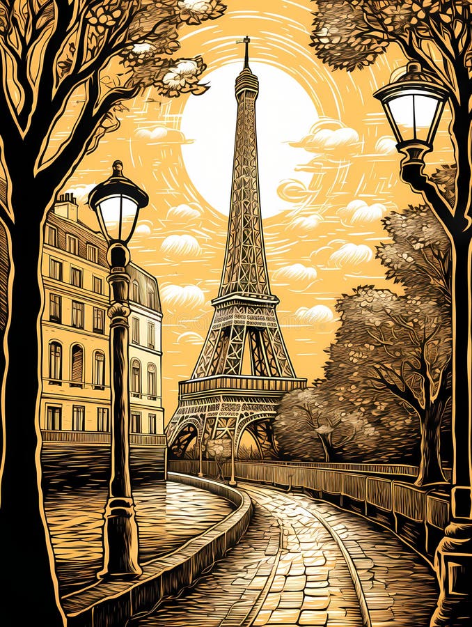 A Drawing of a Tower and a Street Lamp, Paris at Night Stock ...