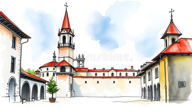 A Drawing of a Town Square with a Large Red Building in the Center ...