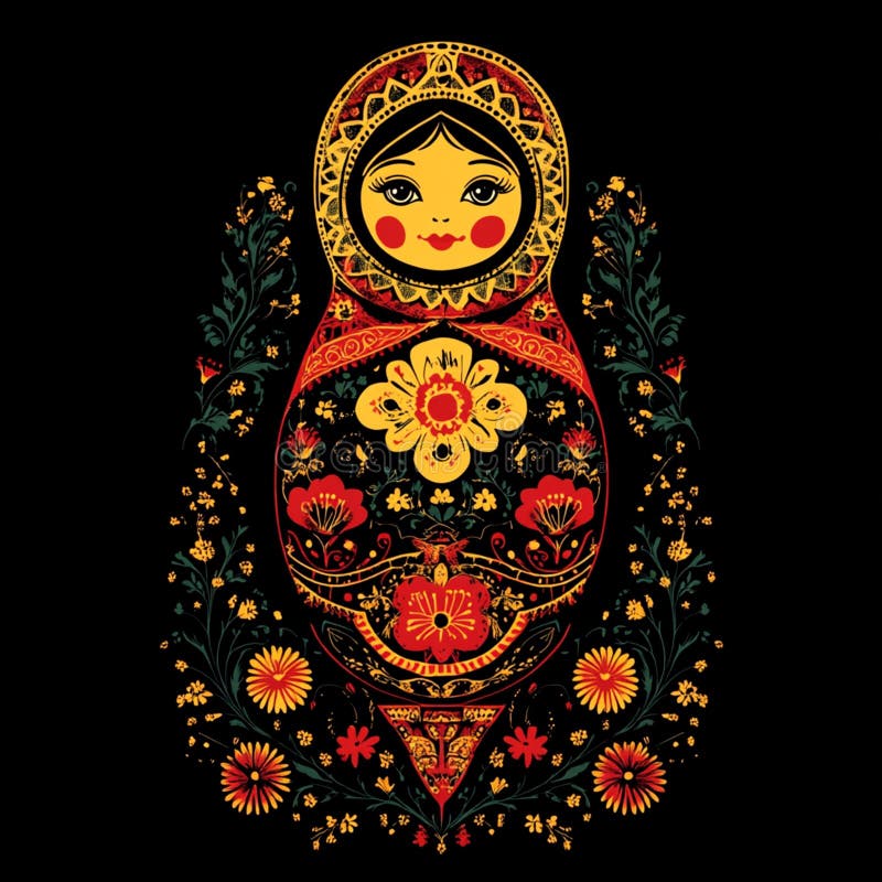 Drawing of Traditional Cute Matryoshka Doll with Bright Patterns on ...