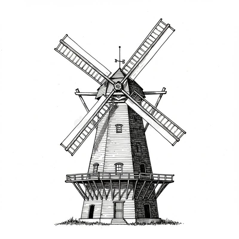 Drawing of a Traditional Windmill with Large, Symmetrical Sails. the ...