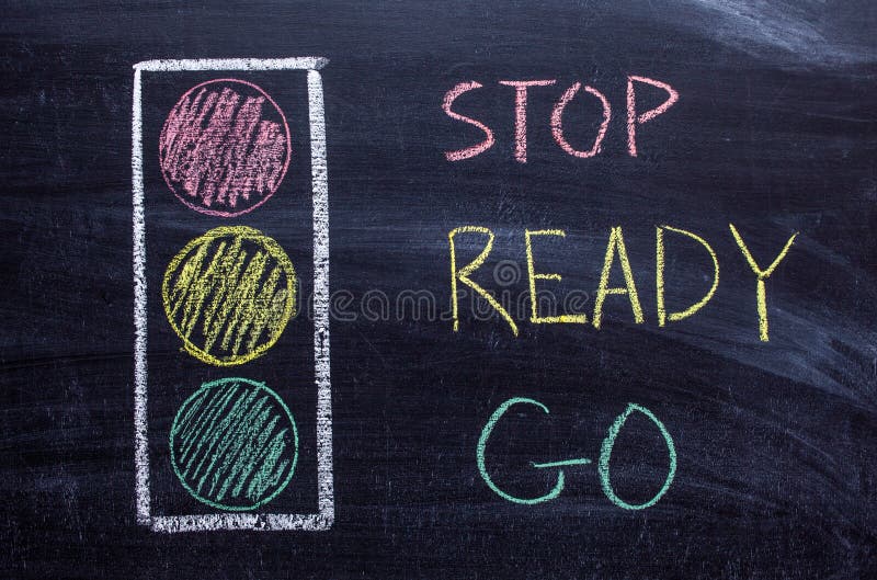 Drawing of a Traffic Light on a Chalk Board. Text STOP, READY, GO Stock ...