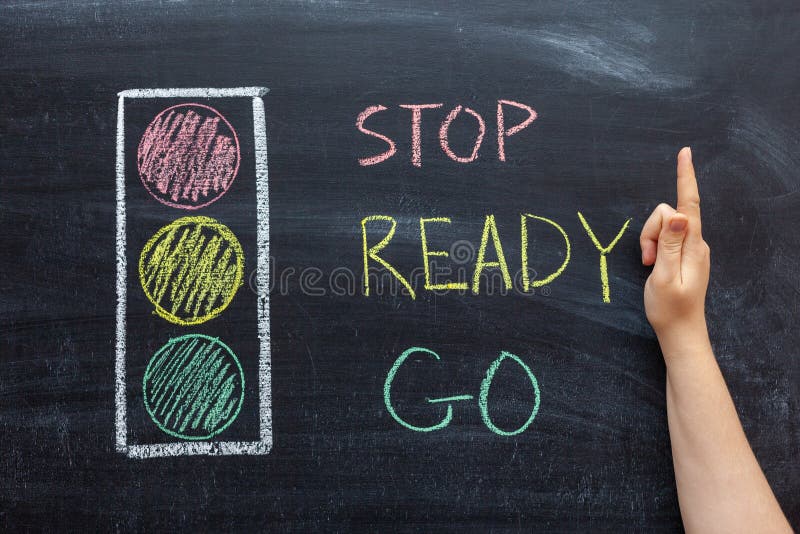 Drawing of a Traffic Light on a Chalk Board. Text STOP, READY, GO, the ...