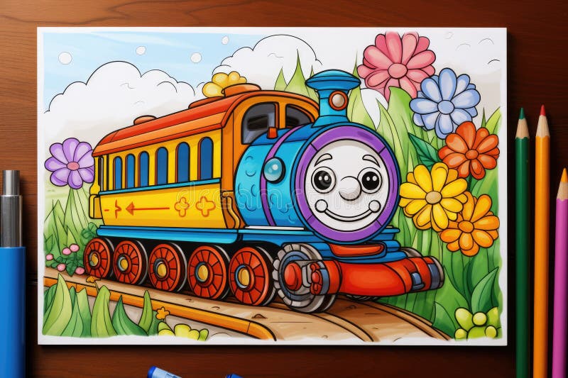 A Drawing of a Train with a Smiling Face on it. Generative Ai Stock ...