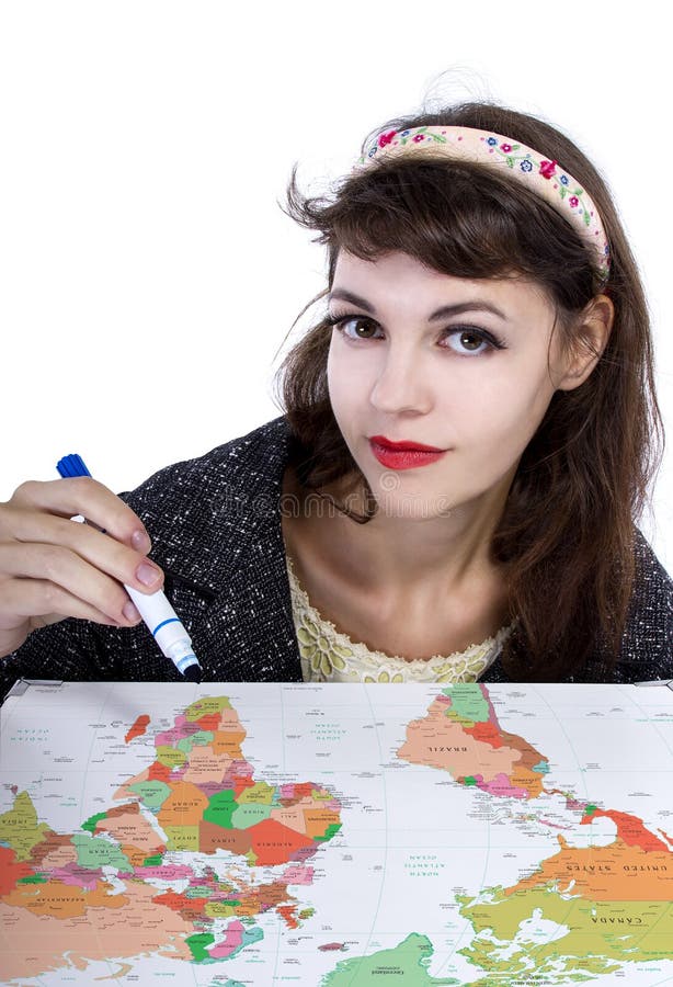 Drawing Travel Plans on a Map Stock Image - Image of girl, continents ...