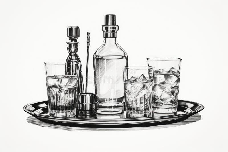 A Drawing of a Tray with Glasses and Bottles. Suitable for Bar and ...