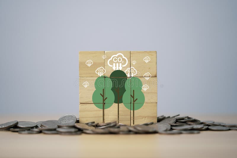 Drawing of Tree and CO2 Reduction Icon Print Screen on Wooden Block ...