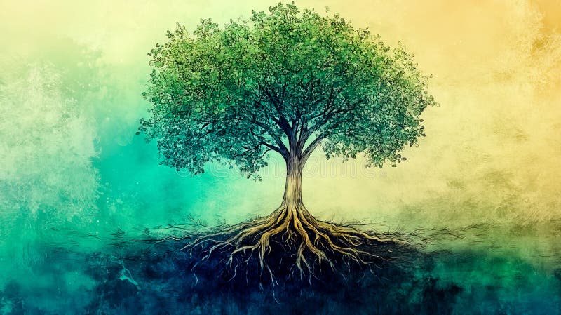 Colored Tree Drawing With Roots A Sturdy Tree With Deep Roots And Lush