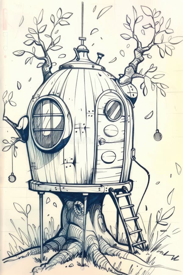 A Drawing of a Tree House with a Ladder Stock Photo - Image of ...