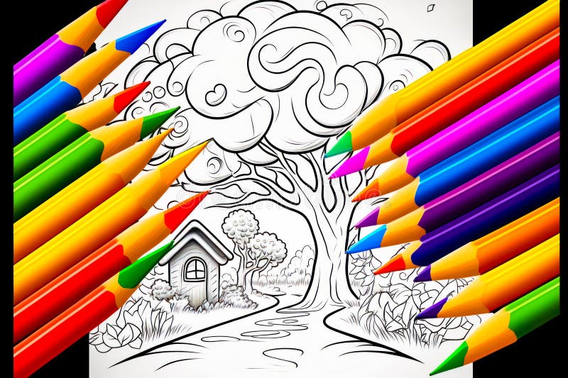 Drawing of Tree with Many Colored Pencils in Front of it Stock ...