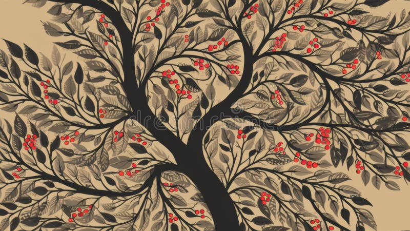A Drawing of a Tree with Red Berries and Leaves, AI Stock Image - Image ...