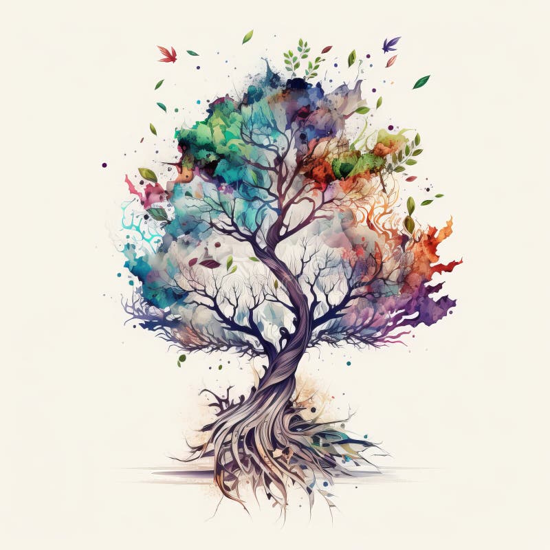 Drawing of a Tree with Roots in Bright Colors Watercolor Generative AI ...